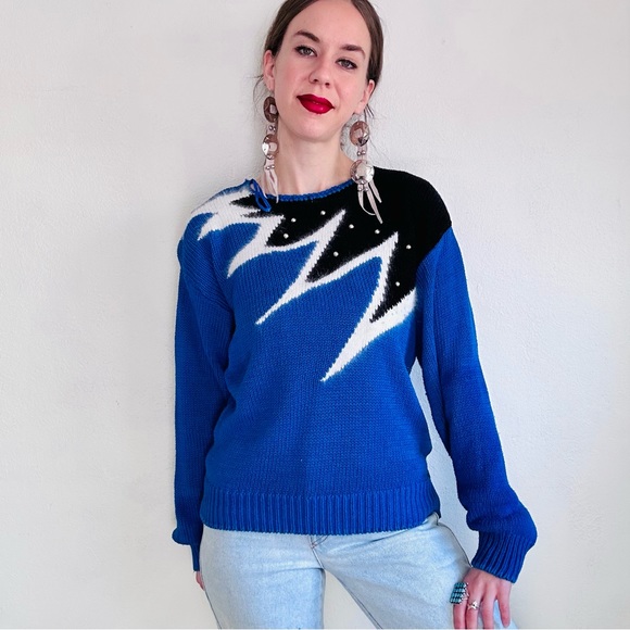 Vintage | Sweaters | 8s Vtg Cobalt Blue Black Color Block New Wave Zig Zag Embellished Fuzzy ...